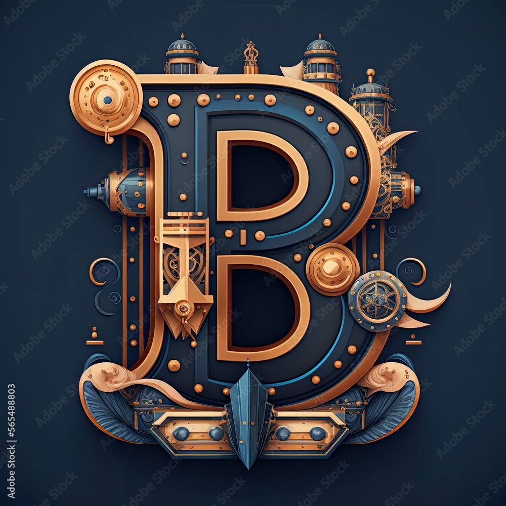 Capital letter B, steampunk alphabet in bronze metal and navy blue, AI ...