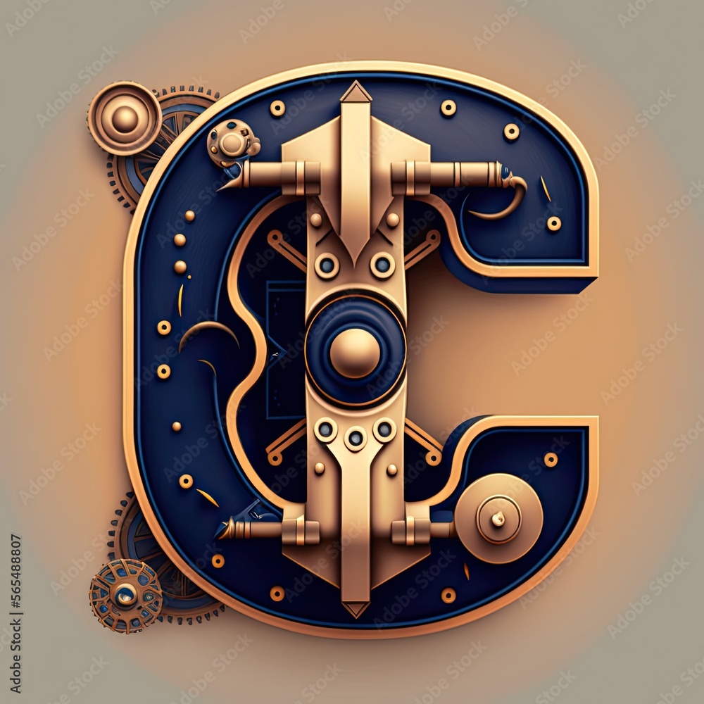 Capital letter C, steampunk alphabet in bronze metal and navy blue, AI ...