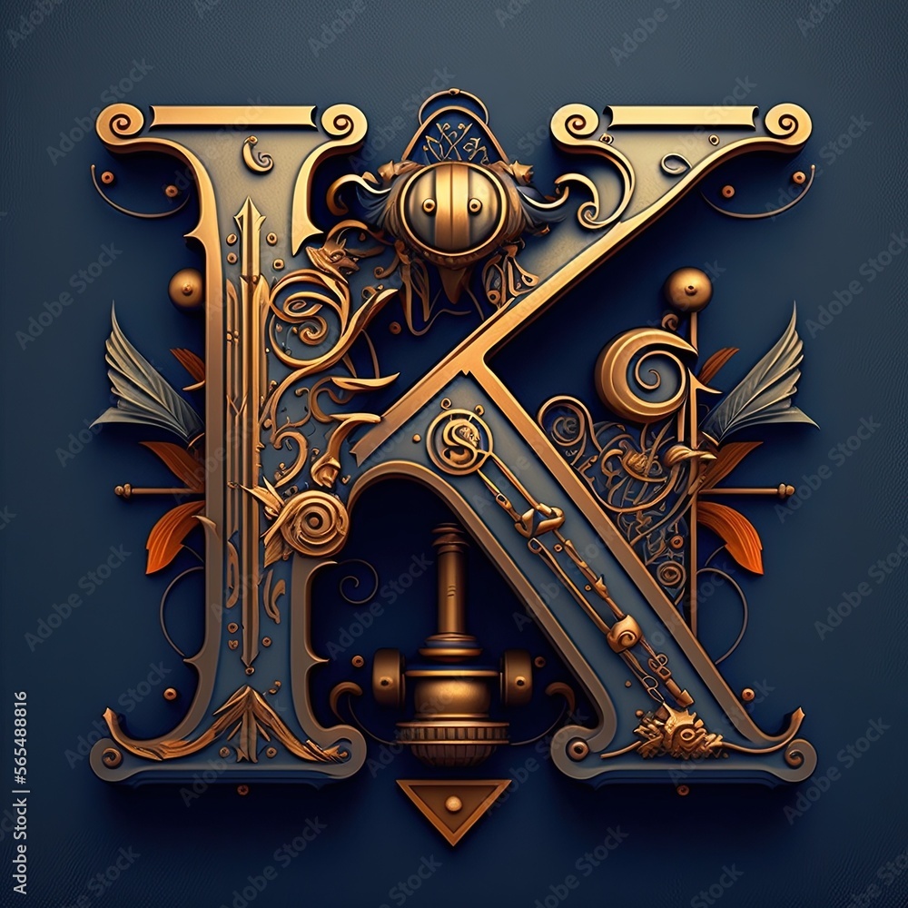 Capital letter K, steampunk alphabet in bronze metal and navy blue, AI ...