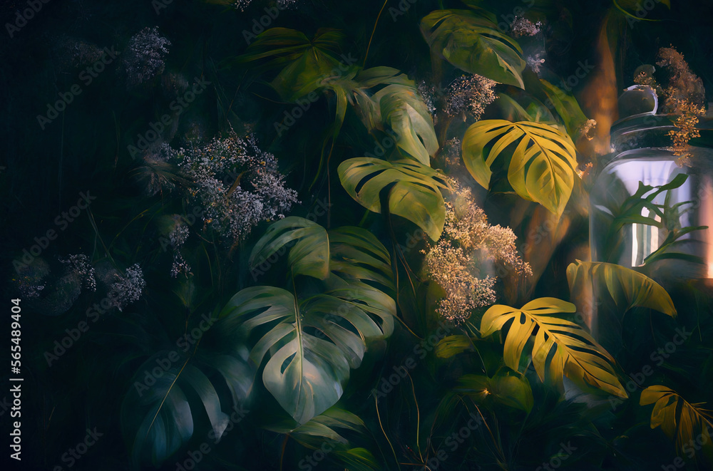 beautiful composition of tropical plants in a botanical greenhouse in a ...