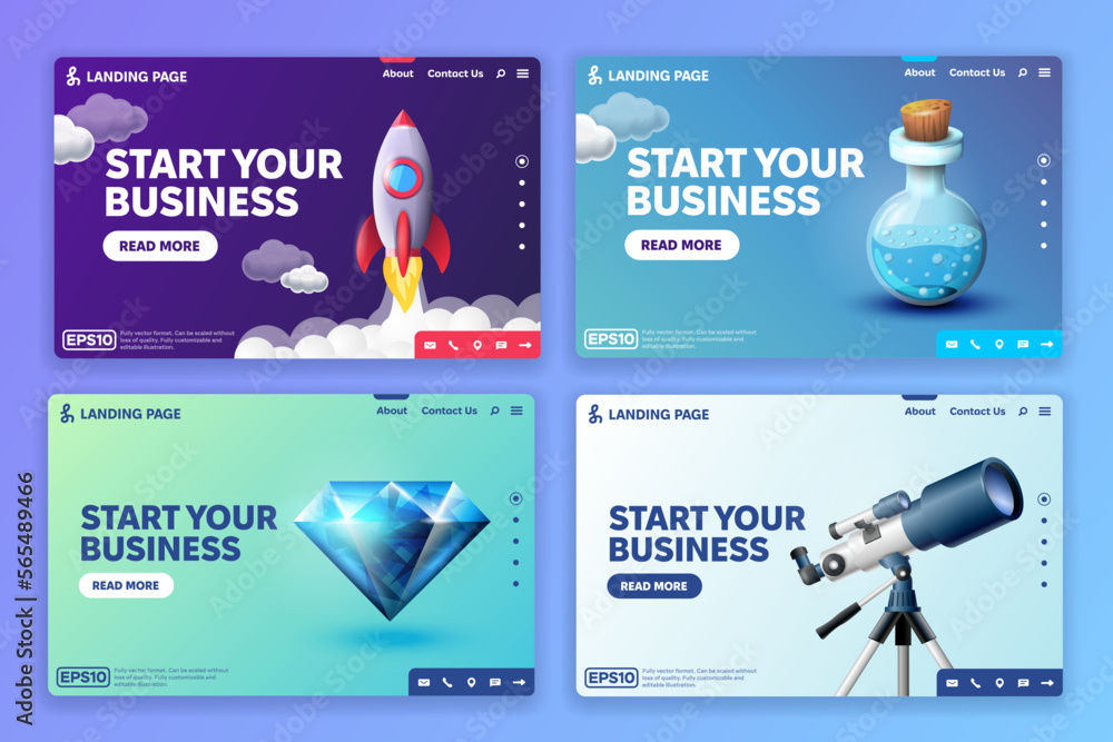 Landing page template set of Startup Business. Modern flat design concept of web page design for ...