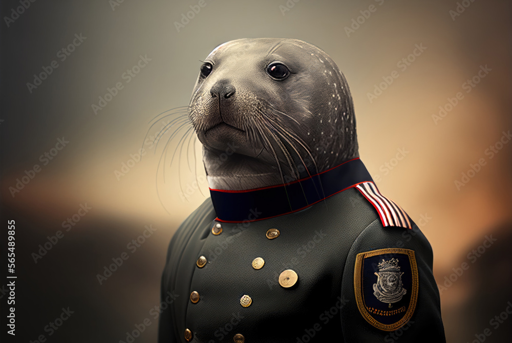 Portrait of a seal in a military uniform ready to serve and protect, on ...