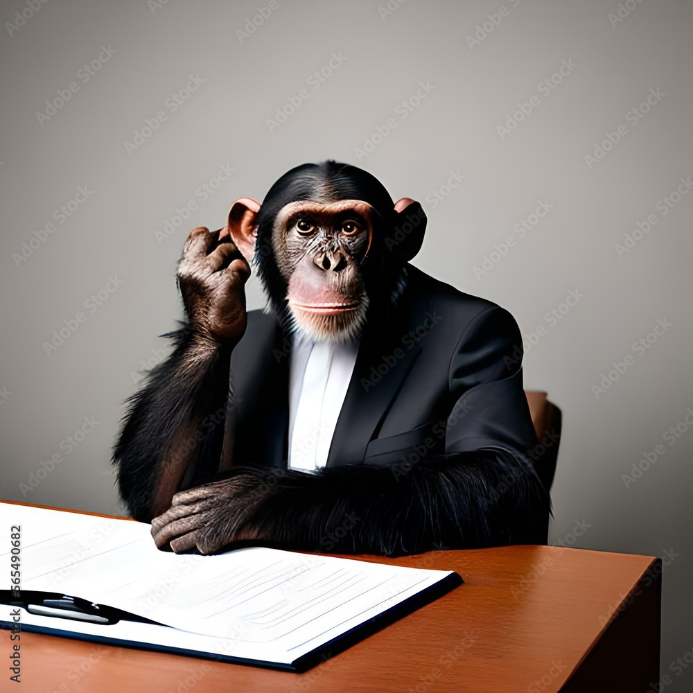 professional portrait photoshoot of a chimpanzee in a business suit ...