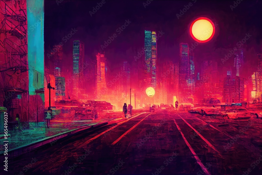 Cyberpunk Neon City Night Futuristic City Scene In A Style Of Pixel