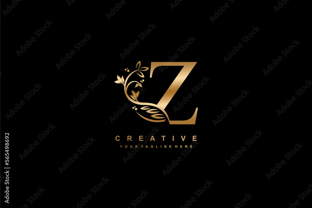 letter Z logo design with flowers, leaves and golden feathers in a ...