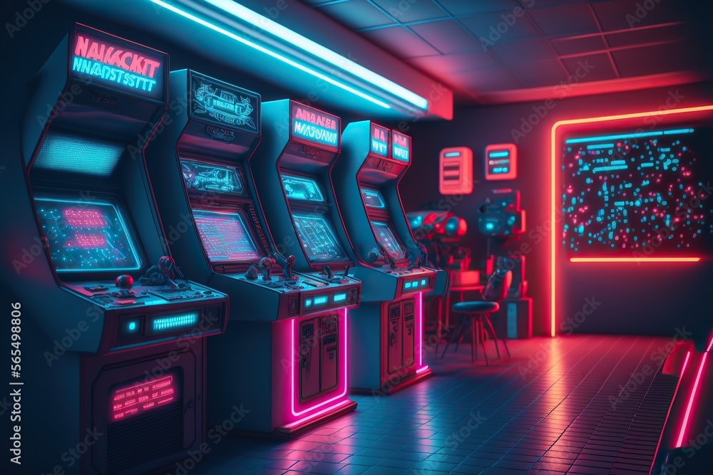 retro Arcade Machin room, a synthwave hall with Arcade Machin ,80s vibes ,cyberpunk colored ...