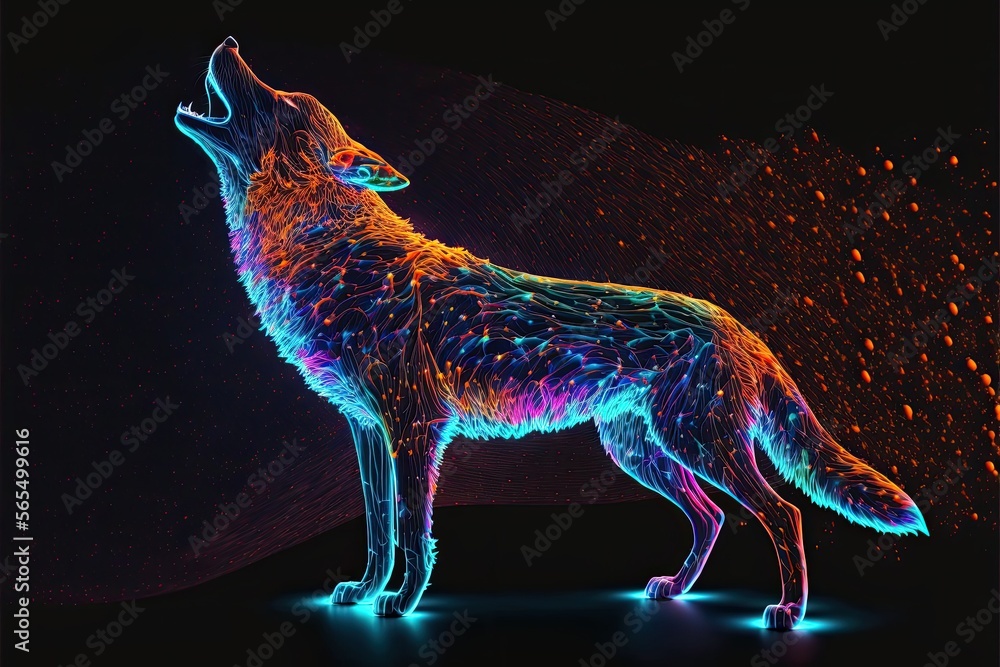 Colorful artwork of a full-body wolf howling in outer space created ...