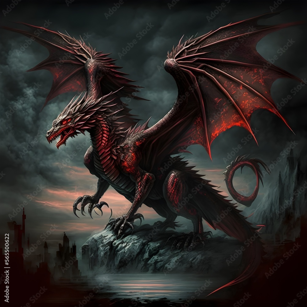 dark fantasy red dragon flying Stock Illustration | Adobe Stock