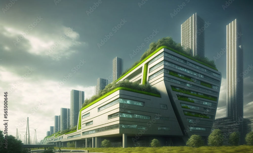 Sustainable green city with futuristic office building and architecture ...