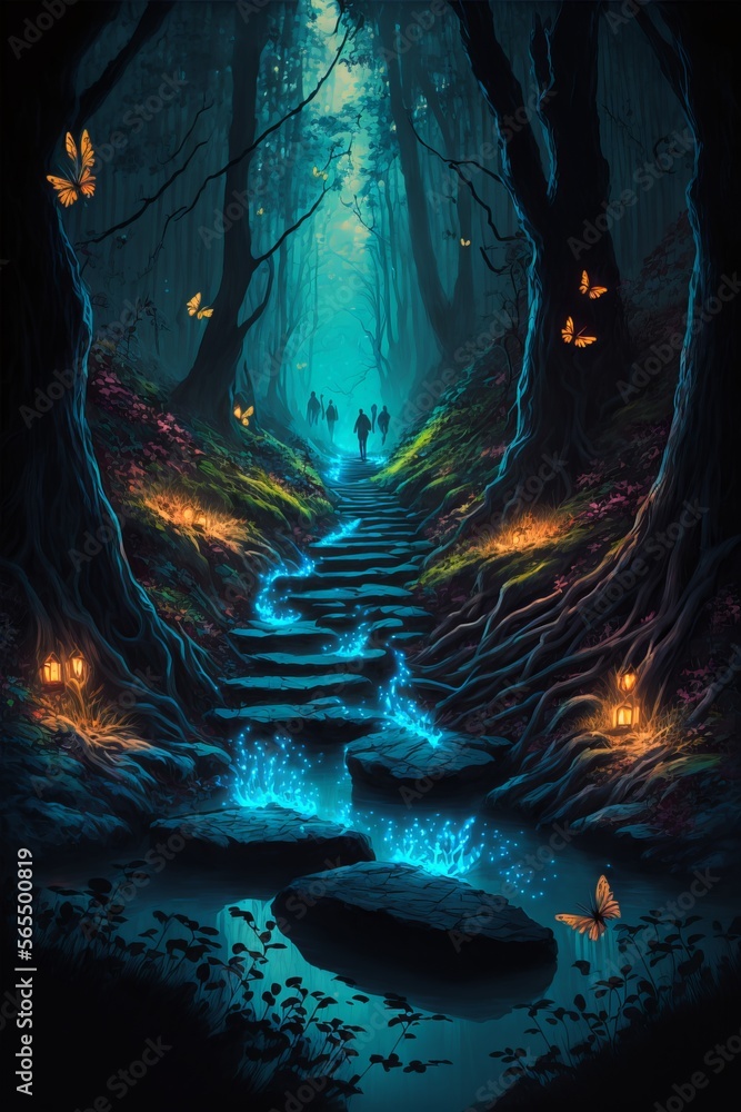 Magical forest path with glowing fireflies night magical fantasy forest ...