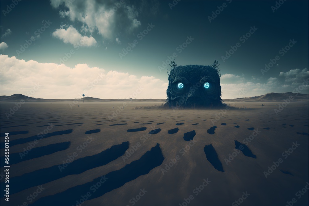 big empty flat field with creature far in the background creepy dark ...