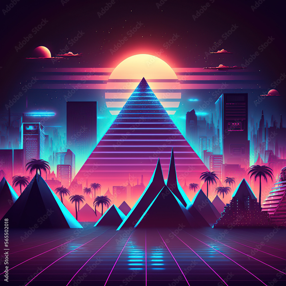abstract synthwave background with pyramids Stock Photo | Adobe Stock