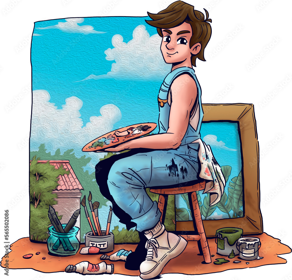 ภาพประกอบสต็อก Pintura digital de Jovem artista pintando quadros. Arte ...
