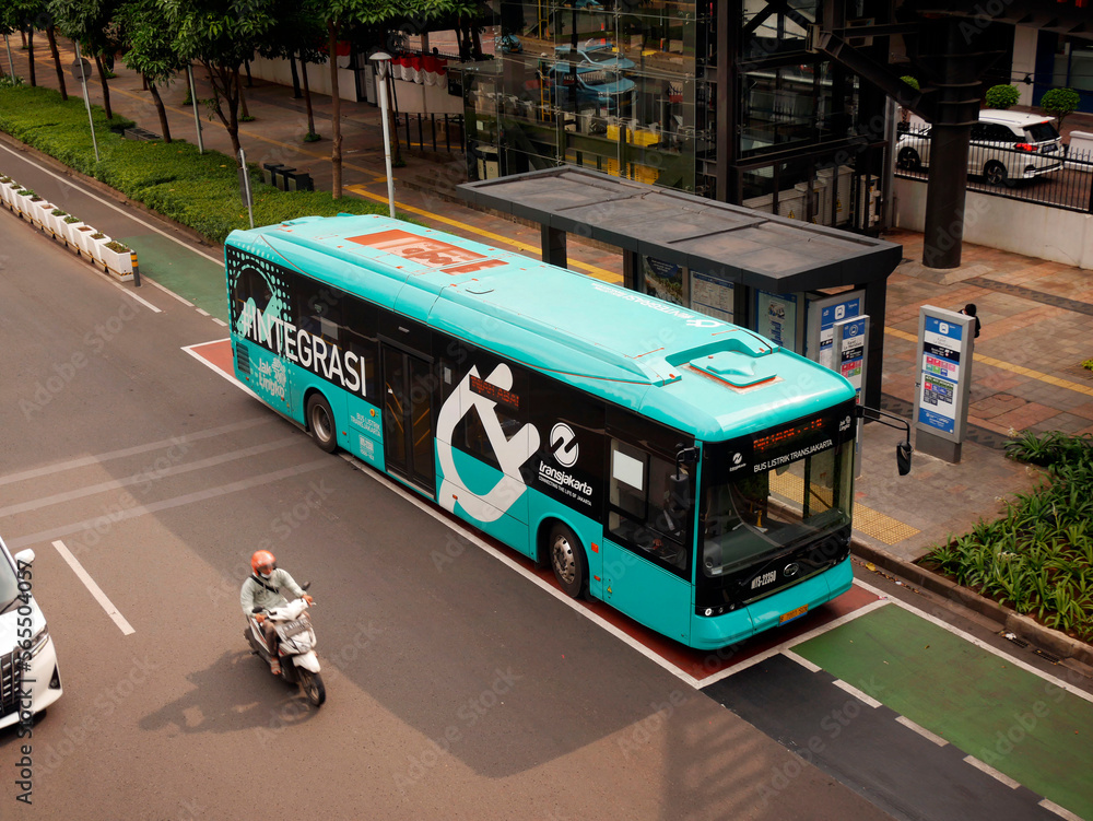 Transjakarta electric bus transit at bus station on August 4, 2022 in ...