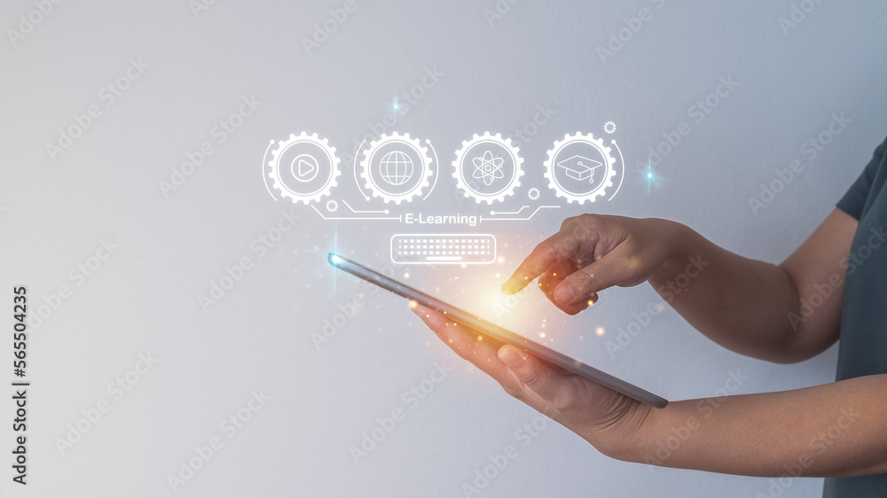 E-learning graduate certificate program concept, person touching tablet ...