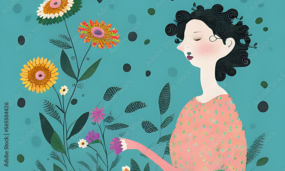 Generative AI : whimsical drawing of lady and flowers, pastel colors ...