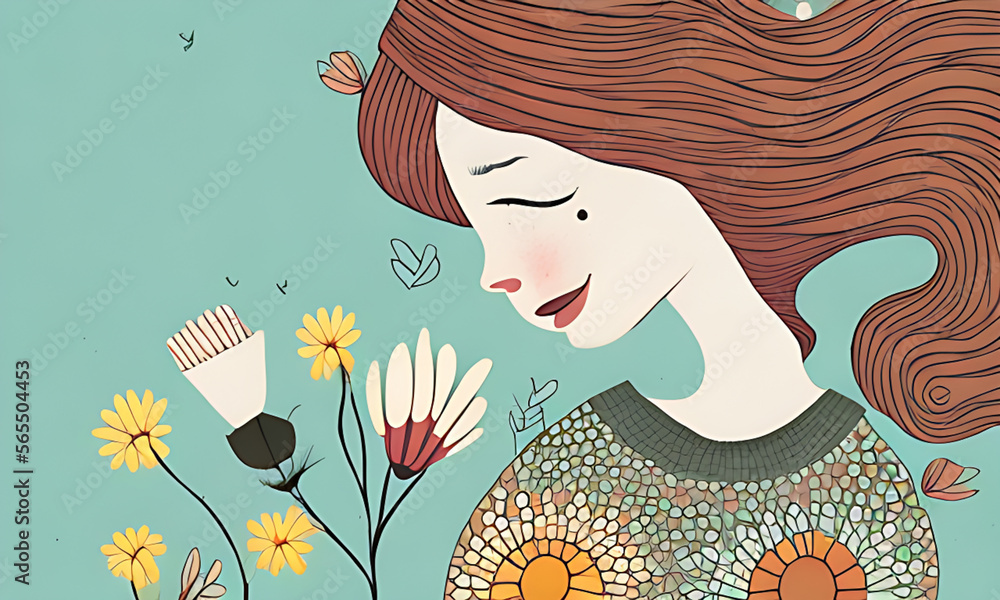 Generative AI : whimsical drawing of lady and flowers, pastel colors ...