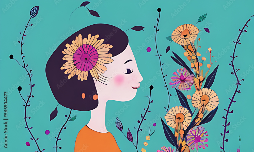 Generative AI : whimsical drawing of lady and flowers, pastel colors ...