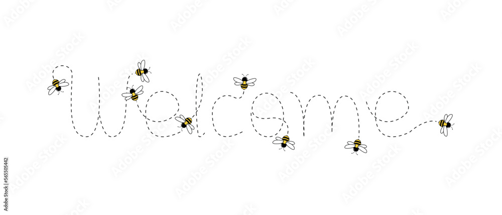 Bee welcome icon set. welcome shaped dotted bee trail. yellow bee. bee ...