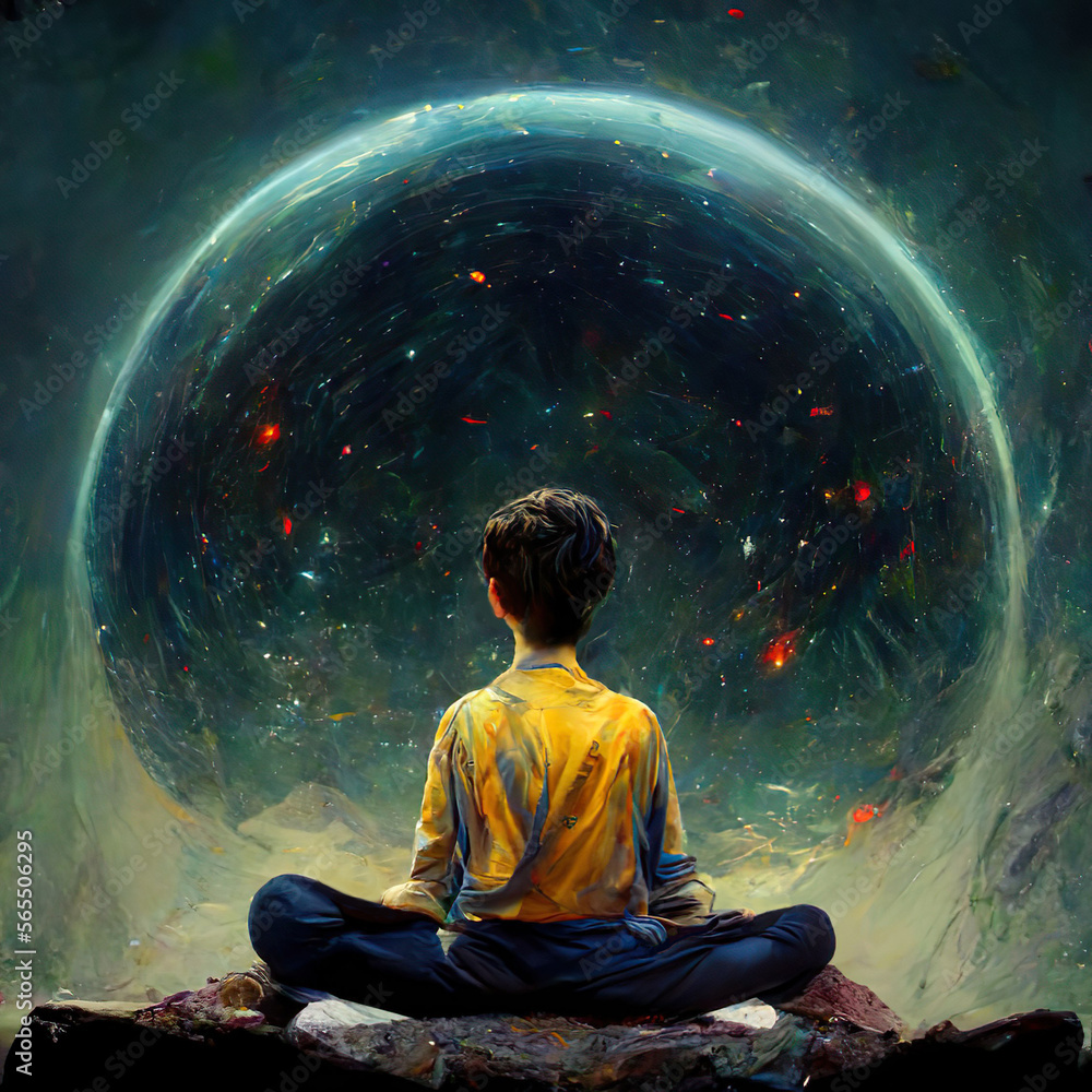 Painting of a boy meditating with a planet in the background, created ...