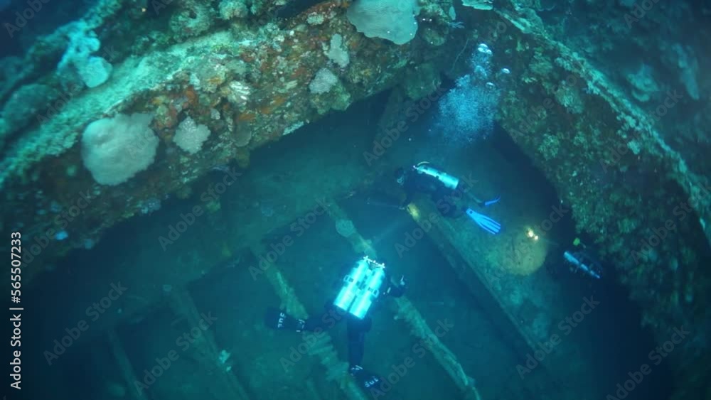 Coral on wreck underwater on seabed of Pacific Ocean on Chuuk Islands ...