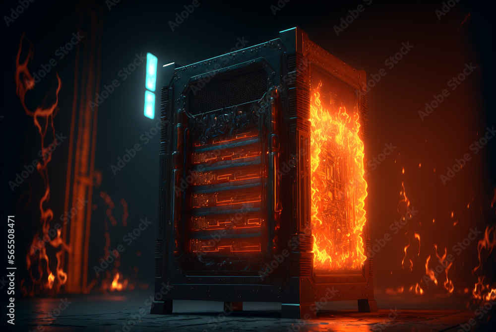 server rack on fire due to high demand of generative AI generation and ...
