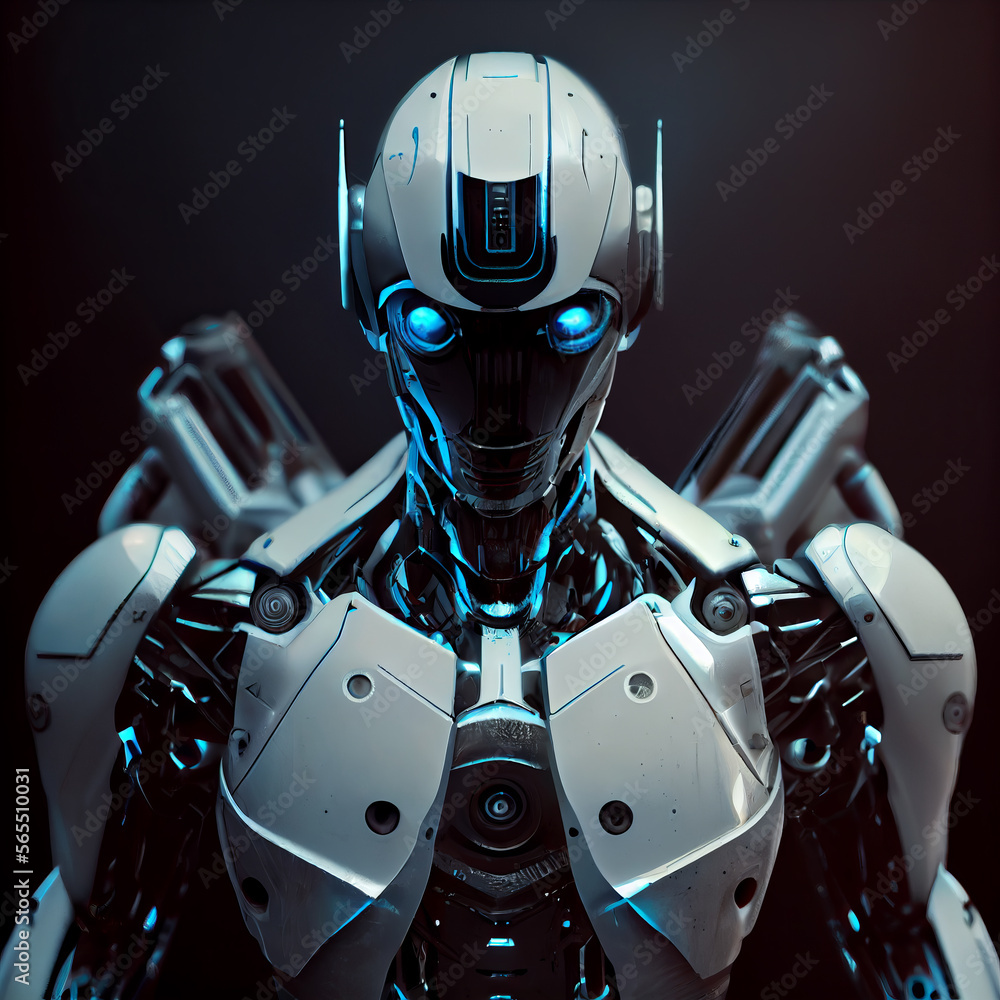 Robot android with blue lights isolated in black background created ...