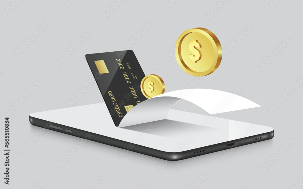 black credit card is insert into screen of smartphone, after which ...