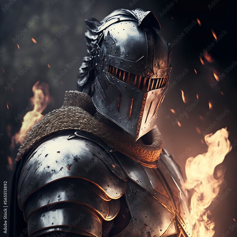 Knight in Shining Armor Surrounded by Fire and Flames and Smoke in ...