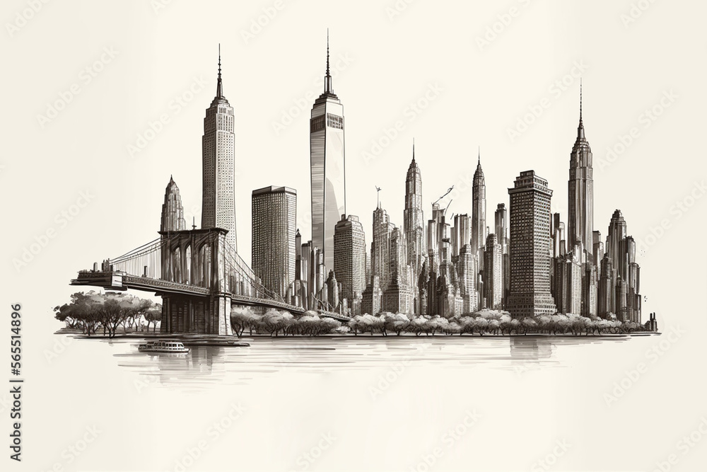 vector sketch hand drawing panoramic new york city. Front view ...