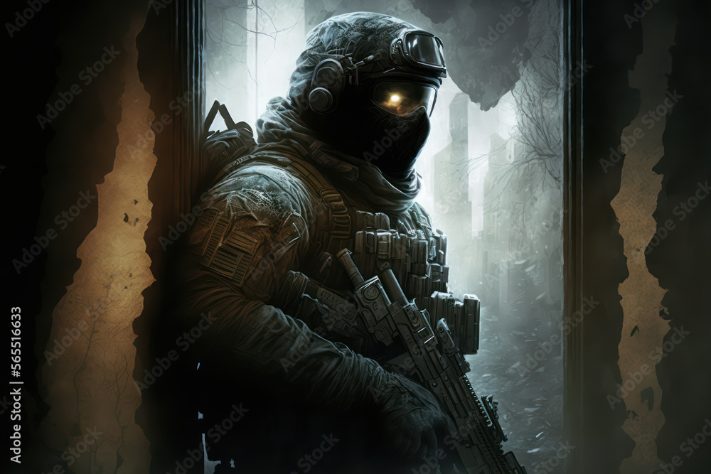 Generative AI illustration of military combat troops in terrorist ...