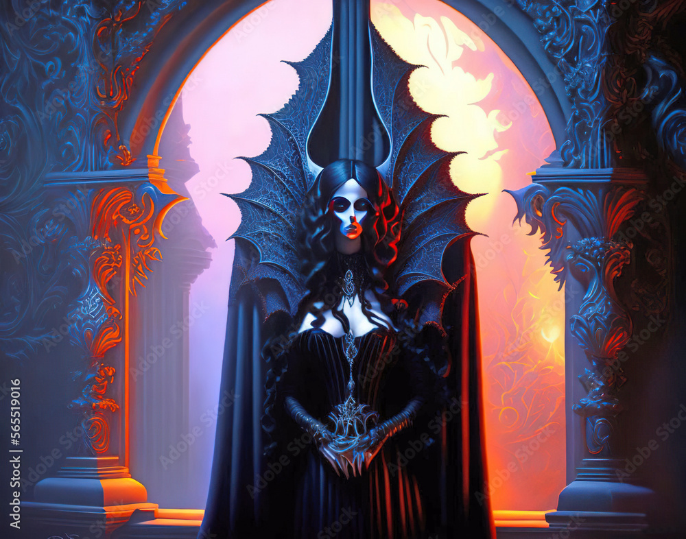 Fantasy vampire girl with white dark sunken eyes and bat-like wings ...