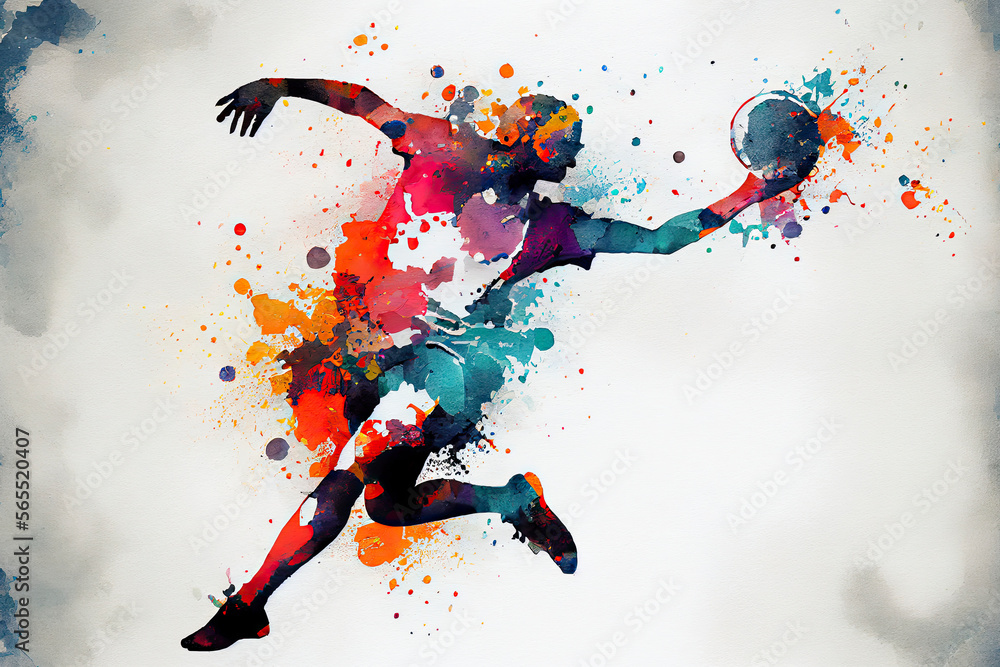 Abstract handball player jumping with the ball from splash of ...
