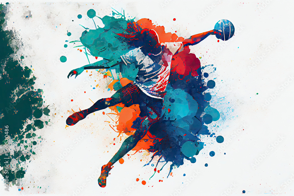 Abstract handball player jumping with the ball from splash of ...