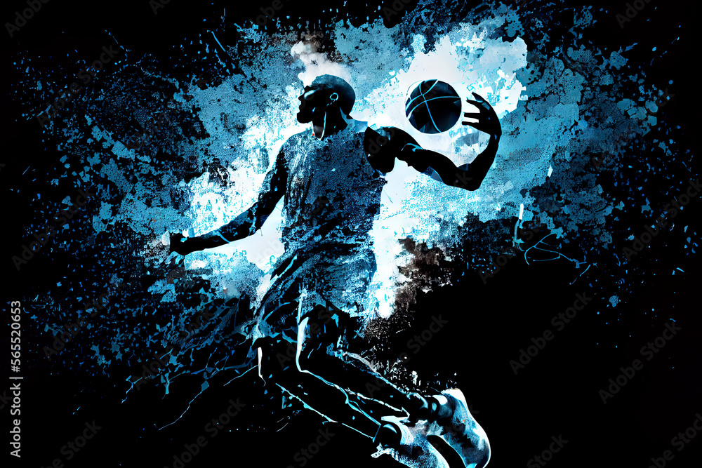 Abstract silhouette of a basketball player man in action isolated blue ...