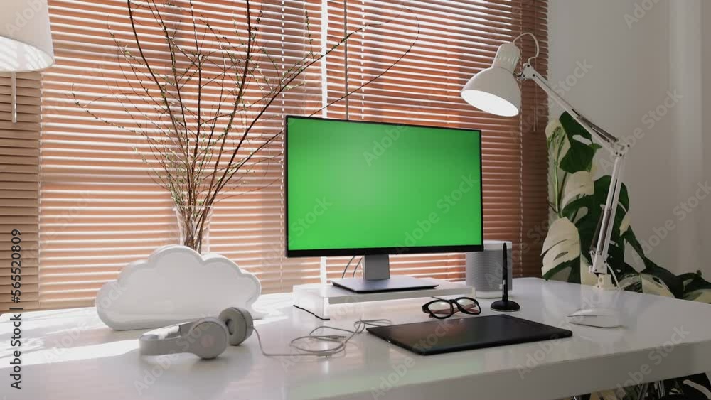 Slide shot computer display monitor with green screen chroma key mock ...
