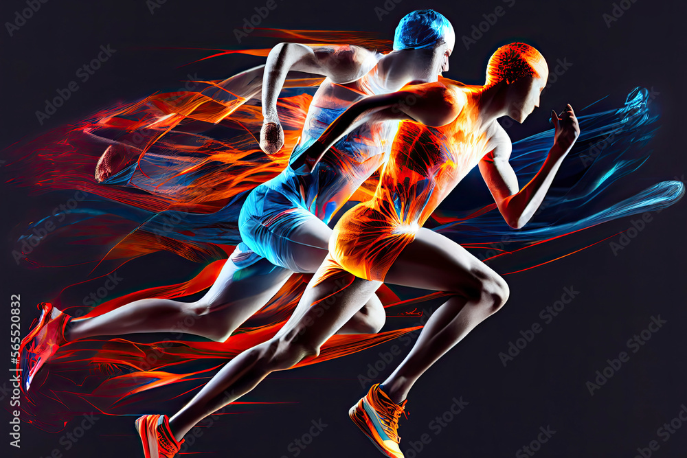running athletes, sport and competition background with motion color ...