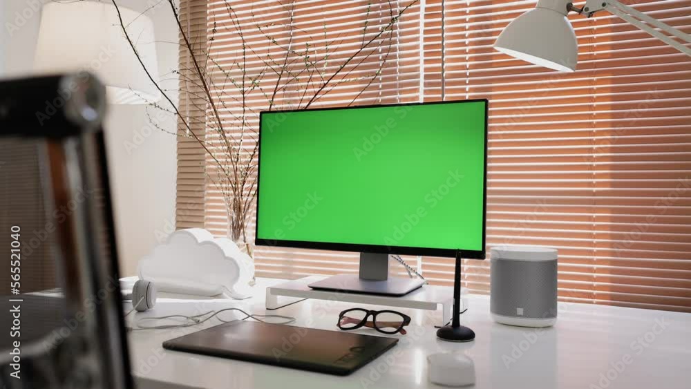 Zoom in computer display monitor with green screen chroma key mock-up ...
