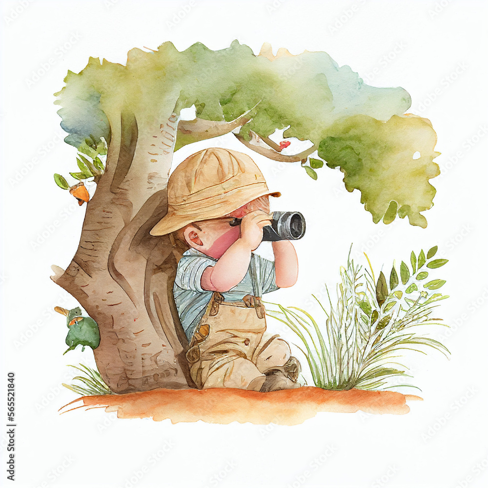 Little Explorer. A cartoon baby wearing a safari hat and binoculars ...