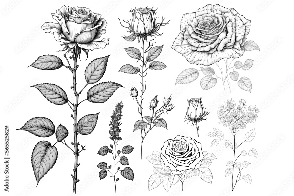 line drawing of a beautiful rose flower. Generative ai Stock ...