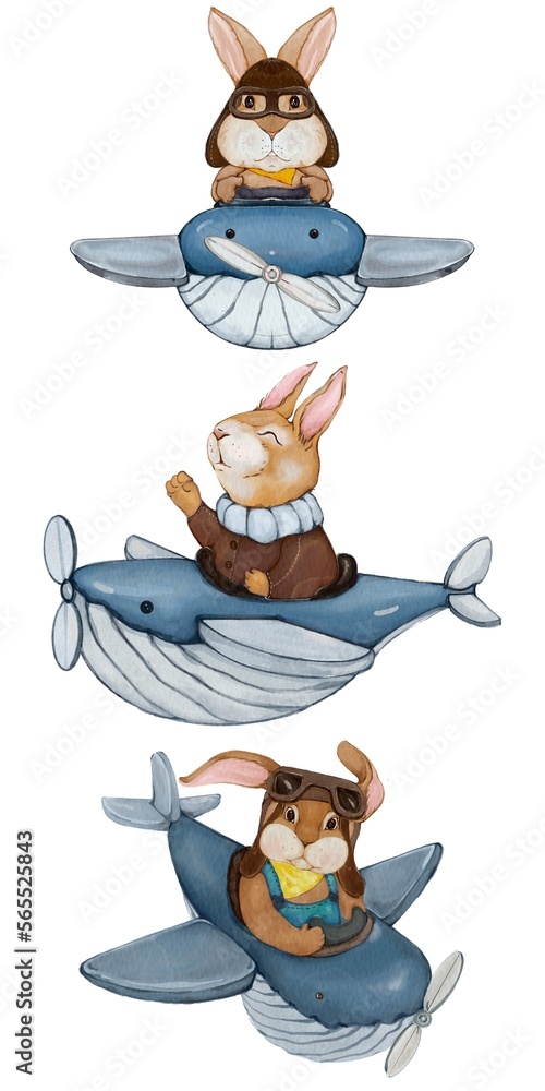 Set of watercolor-style drawings of cute cartoon rabbits flying a plane ...