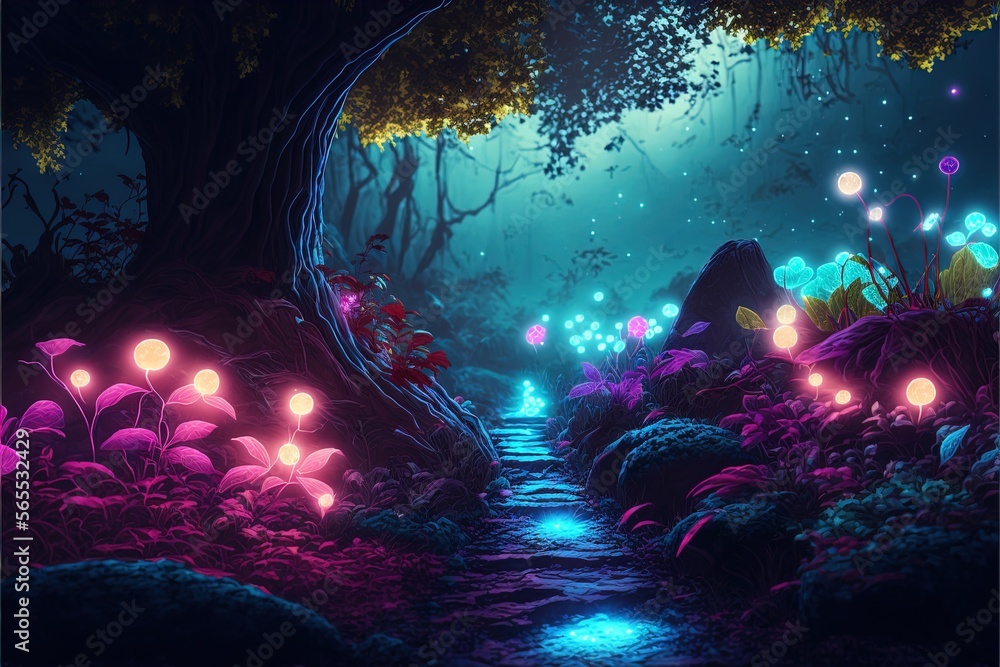 Glowing Forest Night scene with butterflies. Illuminated Light in the ...
