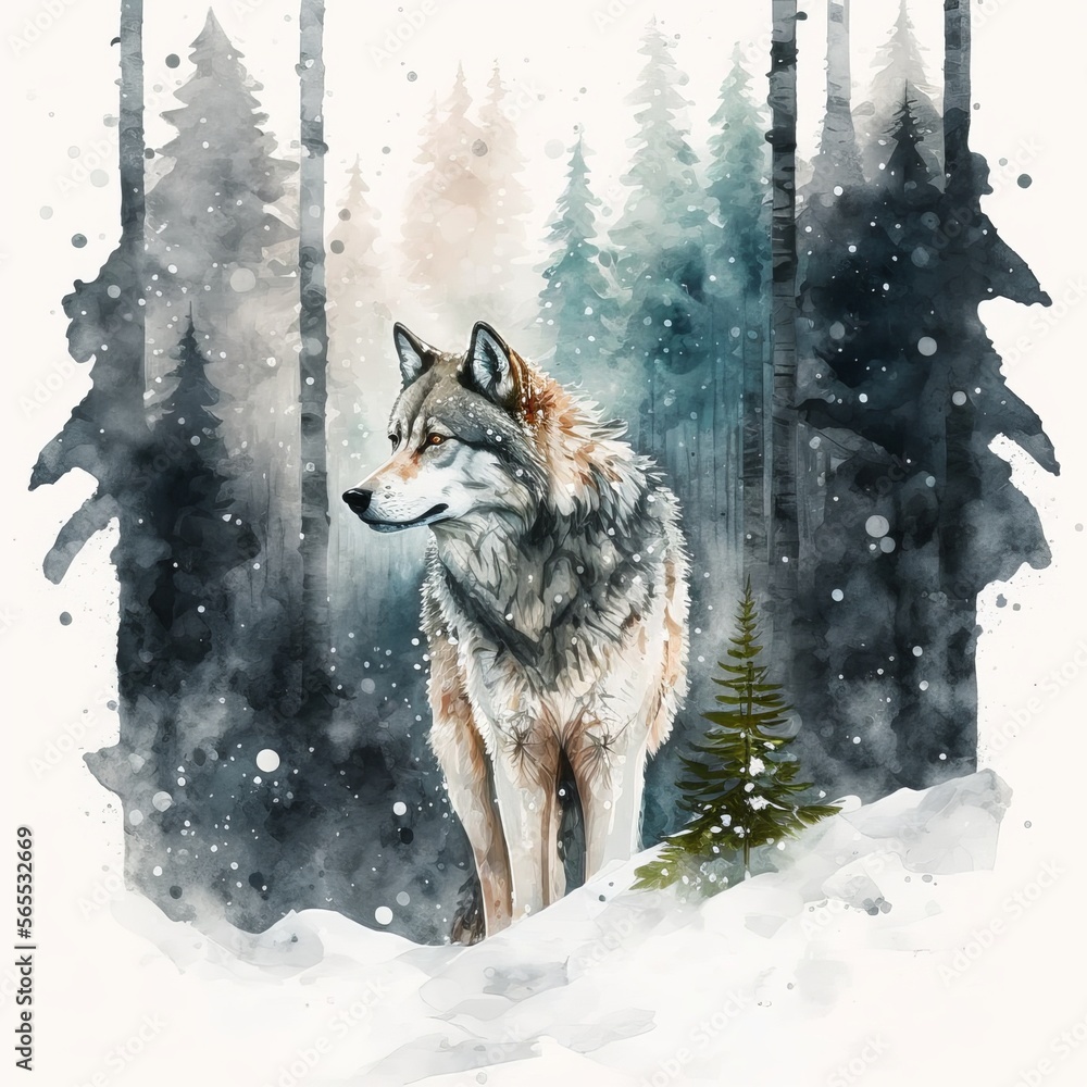 Watercolor Wolf in Snowy Forest (generative AI) Stock Illustration ...