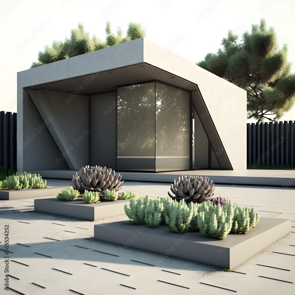 front yard of a minimaliist building glass facade extra large driveway ...