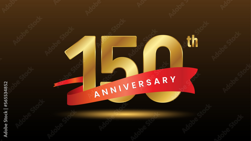 150th anniversary logo design with golden numbers and red ribbon. Logo ...