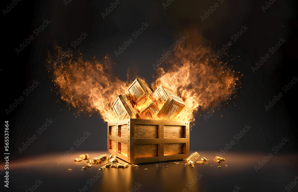 Explosive wealth: gold bars bursting from a crate with fiery explosion ...
