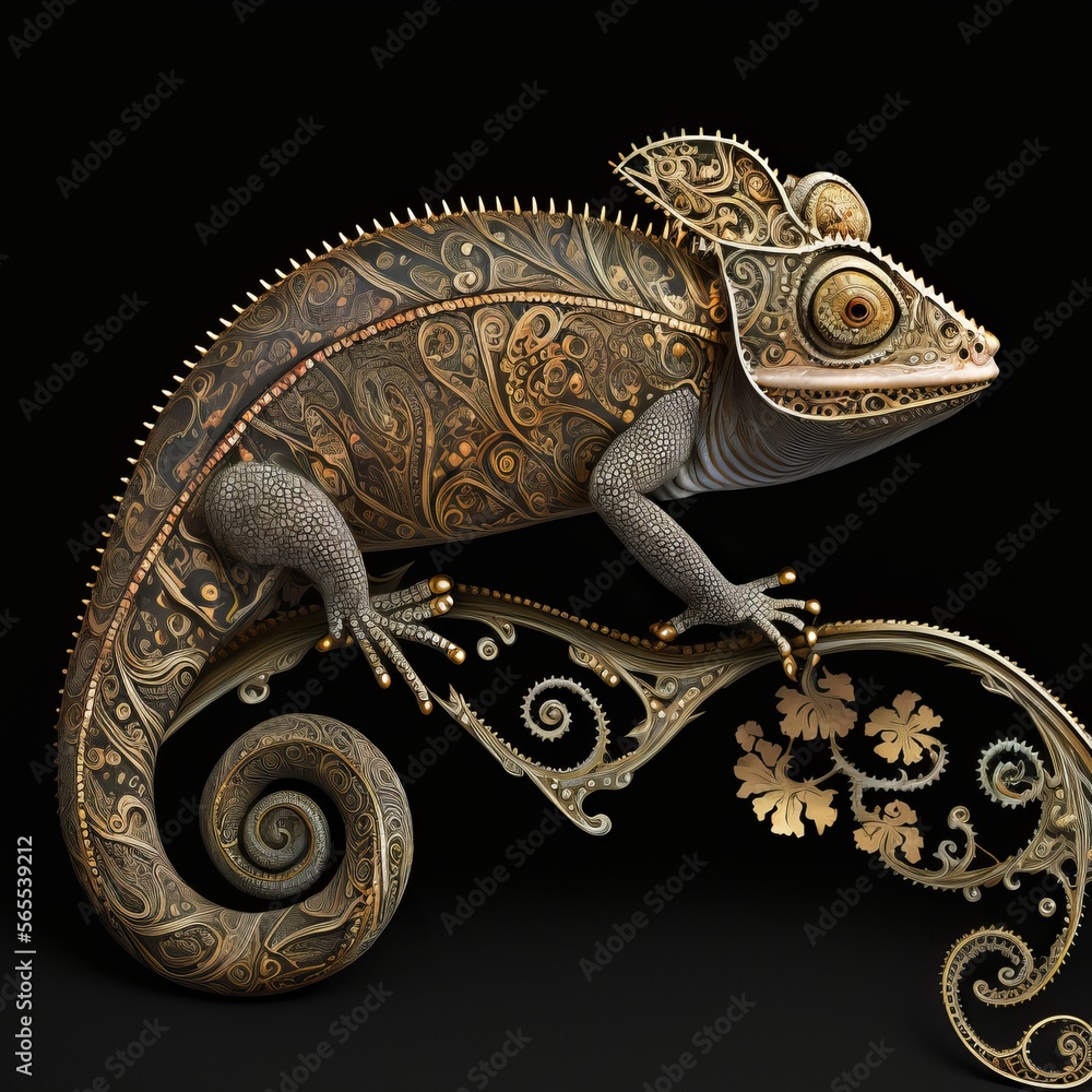 Pretty Chameleon Animal Gold Filigree Inlaid Design: Intricate and ...