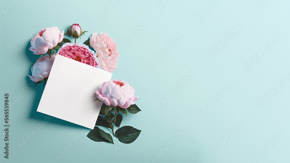 Blank card perfect for a beautiful message, flat lay with peonies on a ...