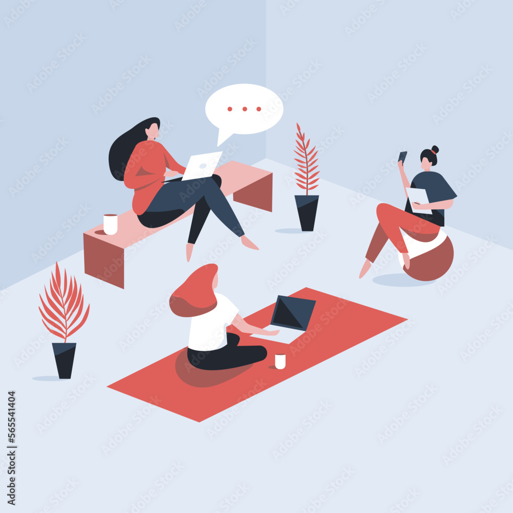 Three relaxed woman are discusss with each other. Two is working on the ...