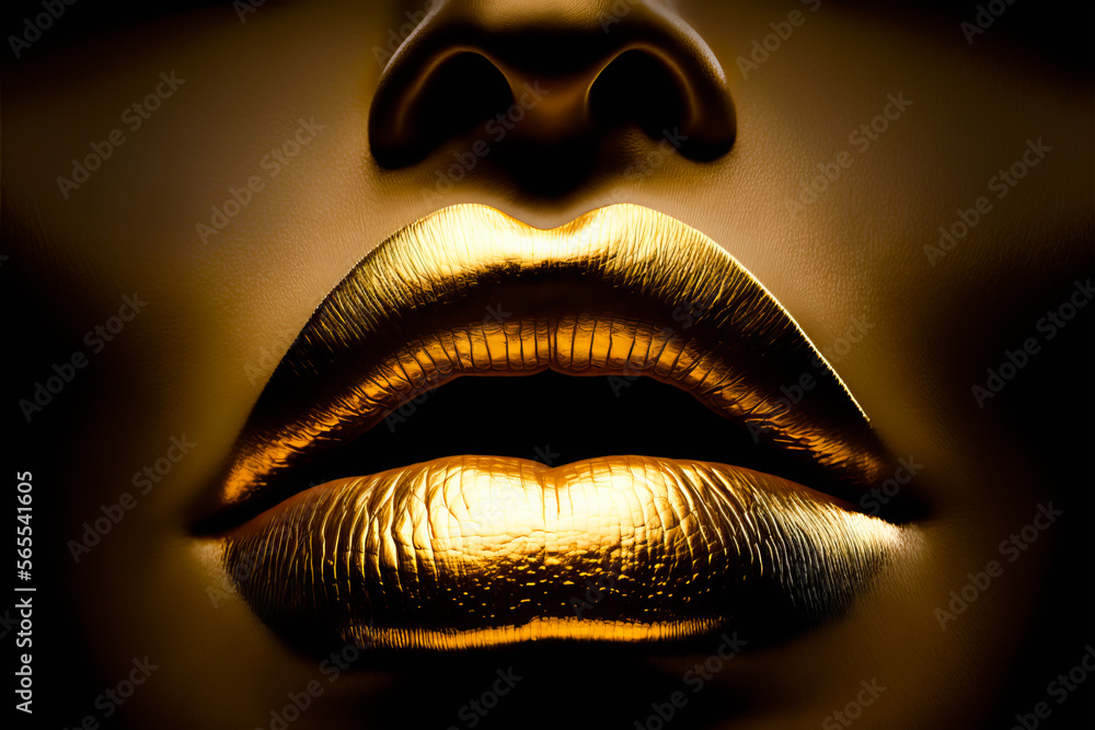 Golden lipstick closeup. Metal gold lips. Beautiful golden makeup ...
